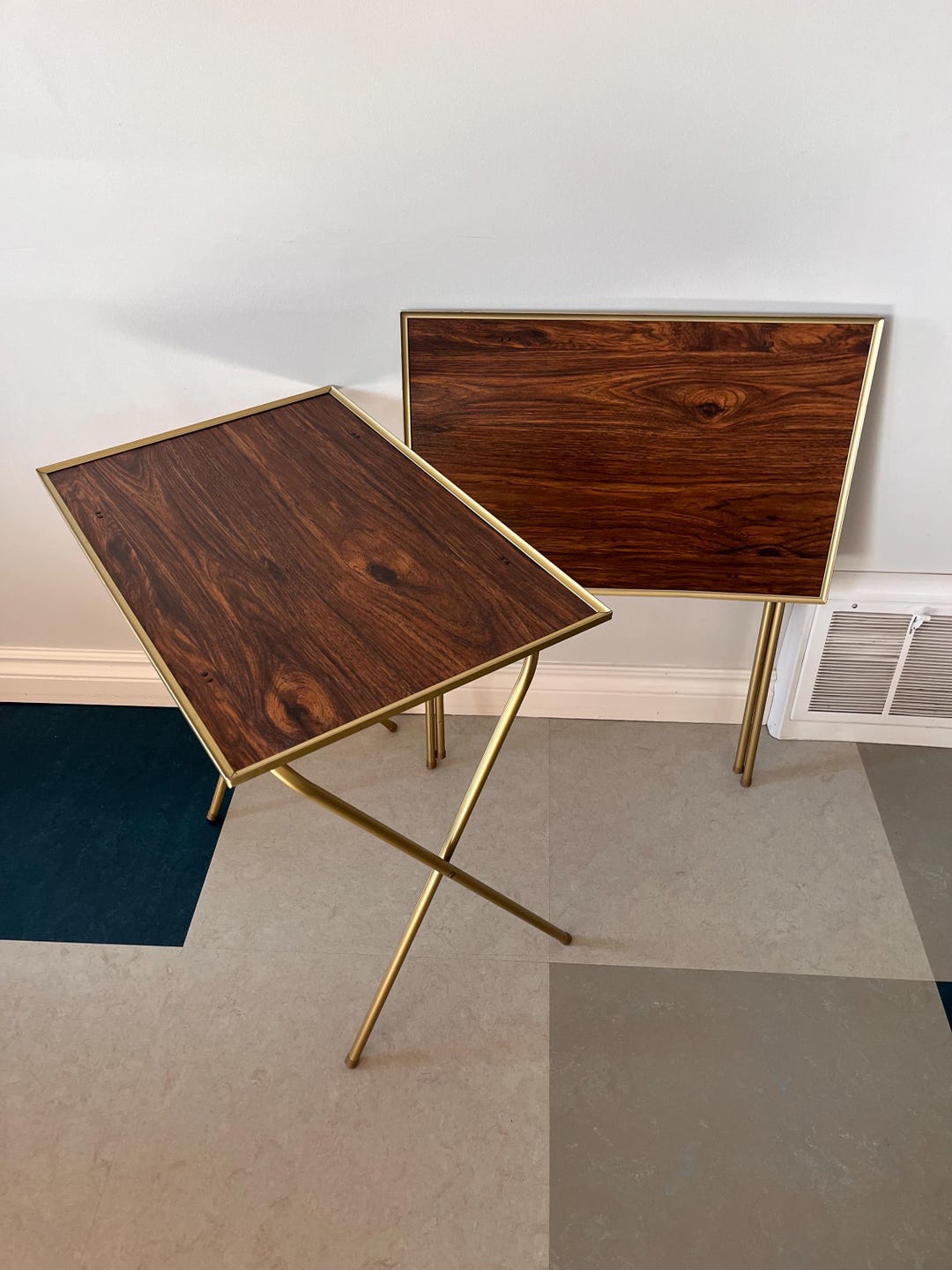 Vintage Folding TV Tables - Faux Wood Look W Gold Tone Legs - Set of 2 ...