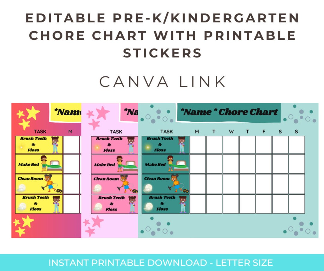Kids Chore Chart, Pre-k/kindergarten Chore Chart, Chore Chart ...