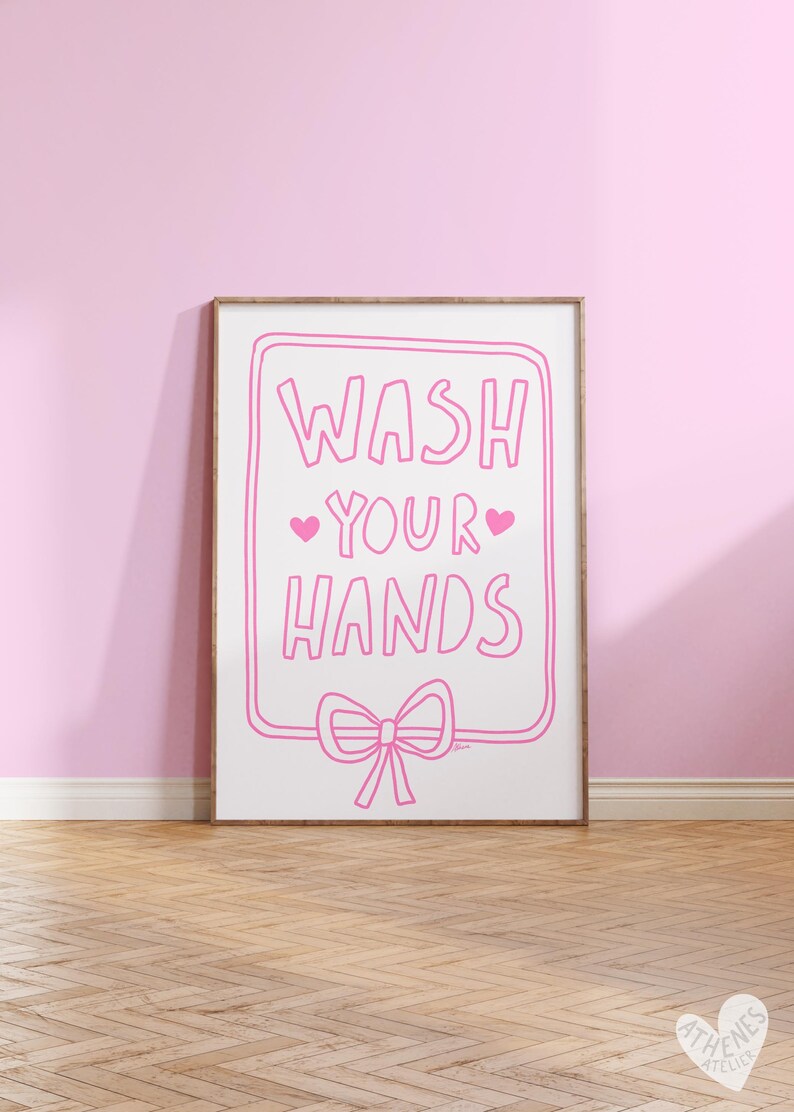 Wash Your Hands Print, Pink Bathroom Art, Danish Pastel, Dopamine Decor ...