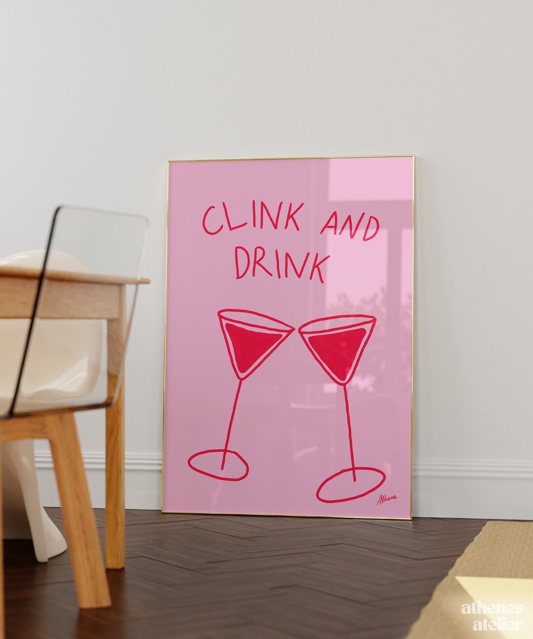 Clink and Drink | Pink and Red Bar Cart Prints, Girly Apartment Decor ...