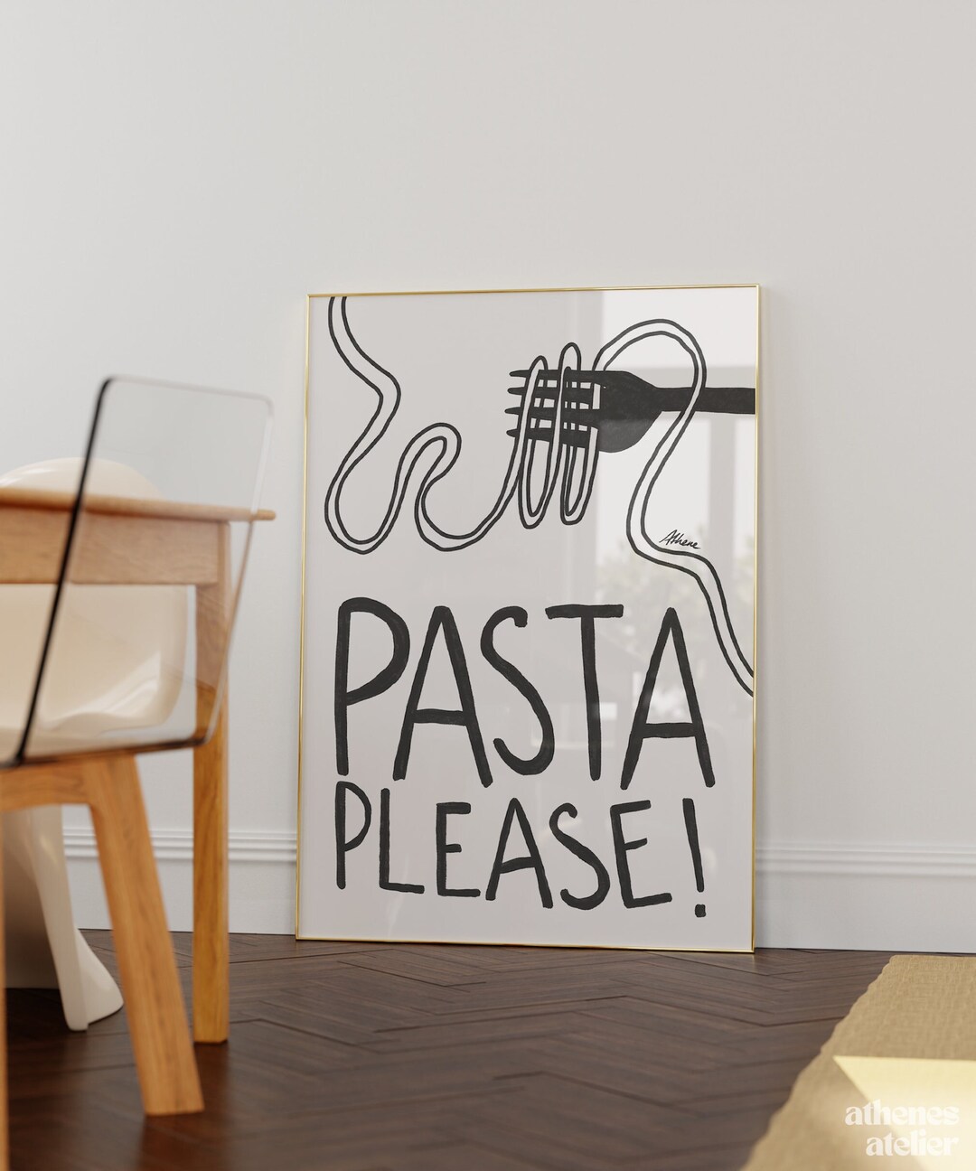 Pasta Illustration Wall Art, Trendy Kitchen Prints, Food Line Art, Mid ...