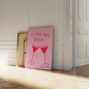 Clink and Drink | Pink and Red Bar Cart Prints, Girly Apartment Decor ...