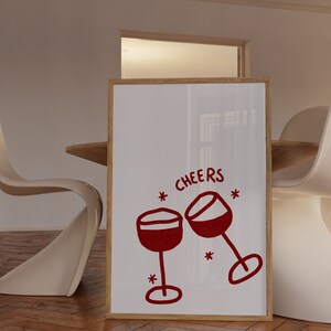 Cheers | Wine Poster, Hand Drawn, Boho Style, Fun Kitchen Art ...