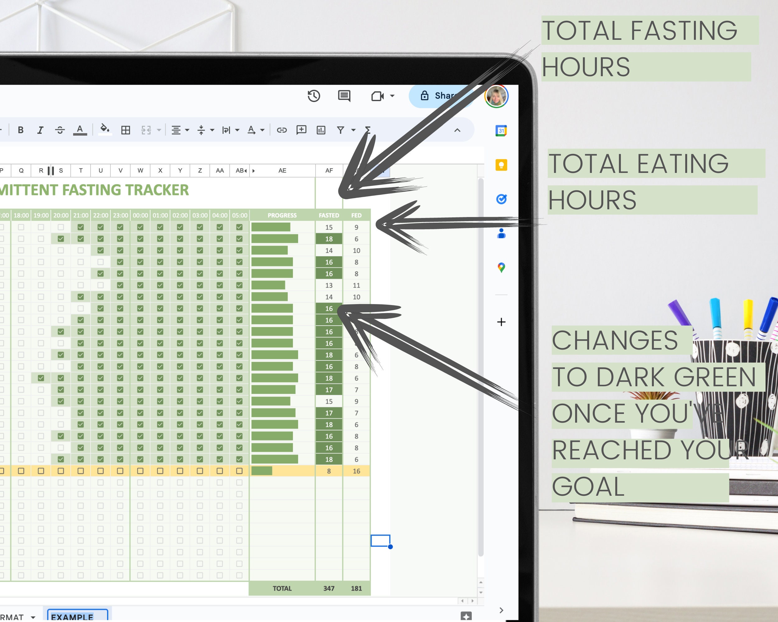 Intermittent Fasting Tracker Google Sheets Spreadsheet | Clean Green ...
