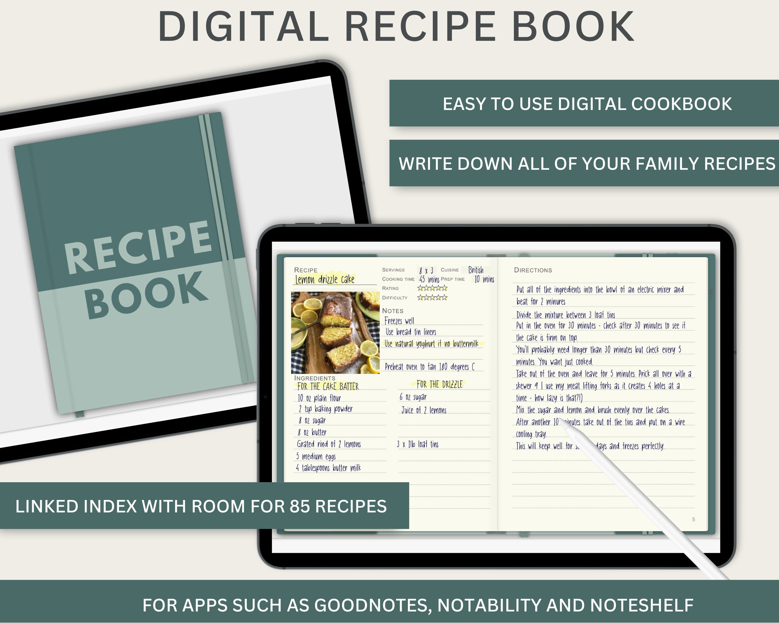 Digital Recipe Book Template for Goodnotes, Notability, Noteshelf Etc ...