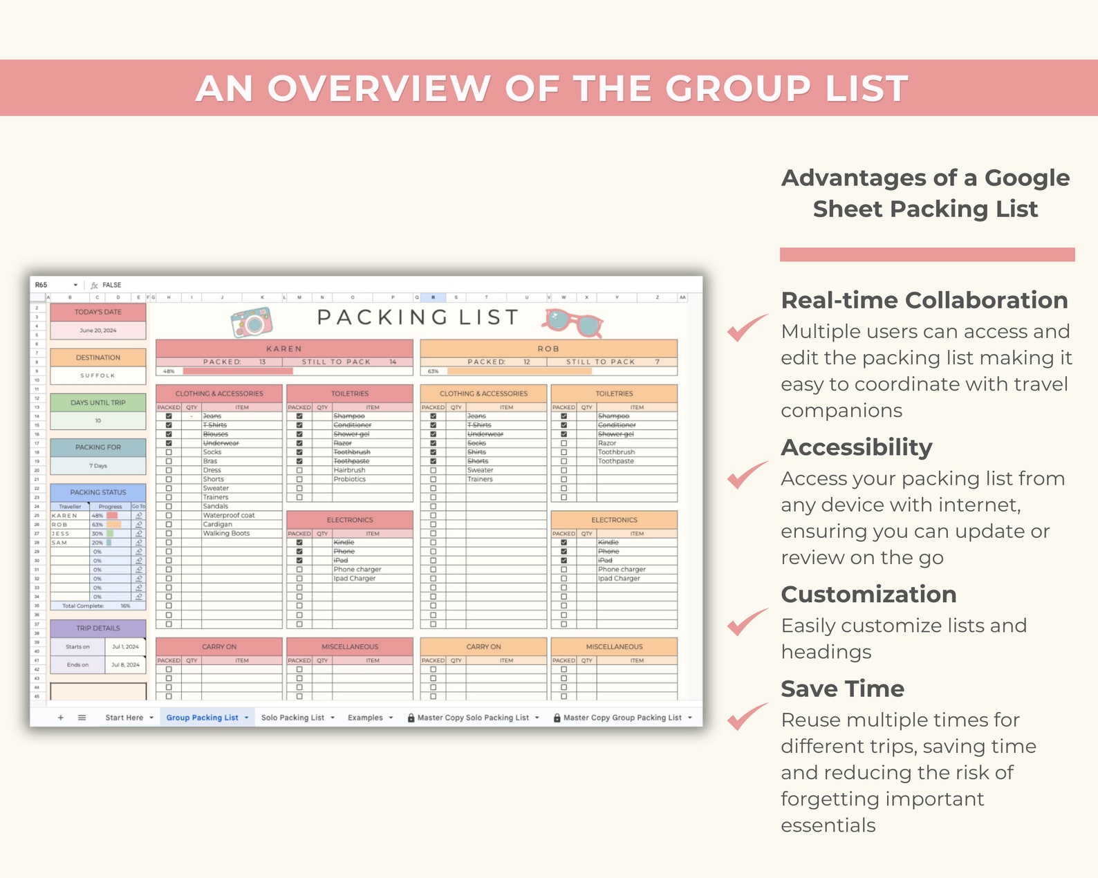 Travel Packing List for Google Sheets in Rainbow Colors. Editable ...