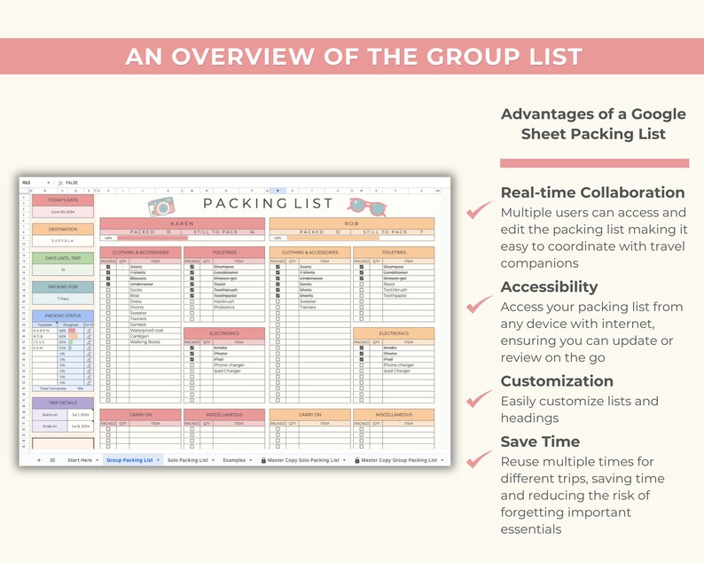 Travel Packing List for Google Sheets in Rainbow Colors. Editable ...