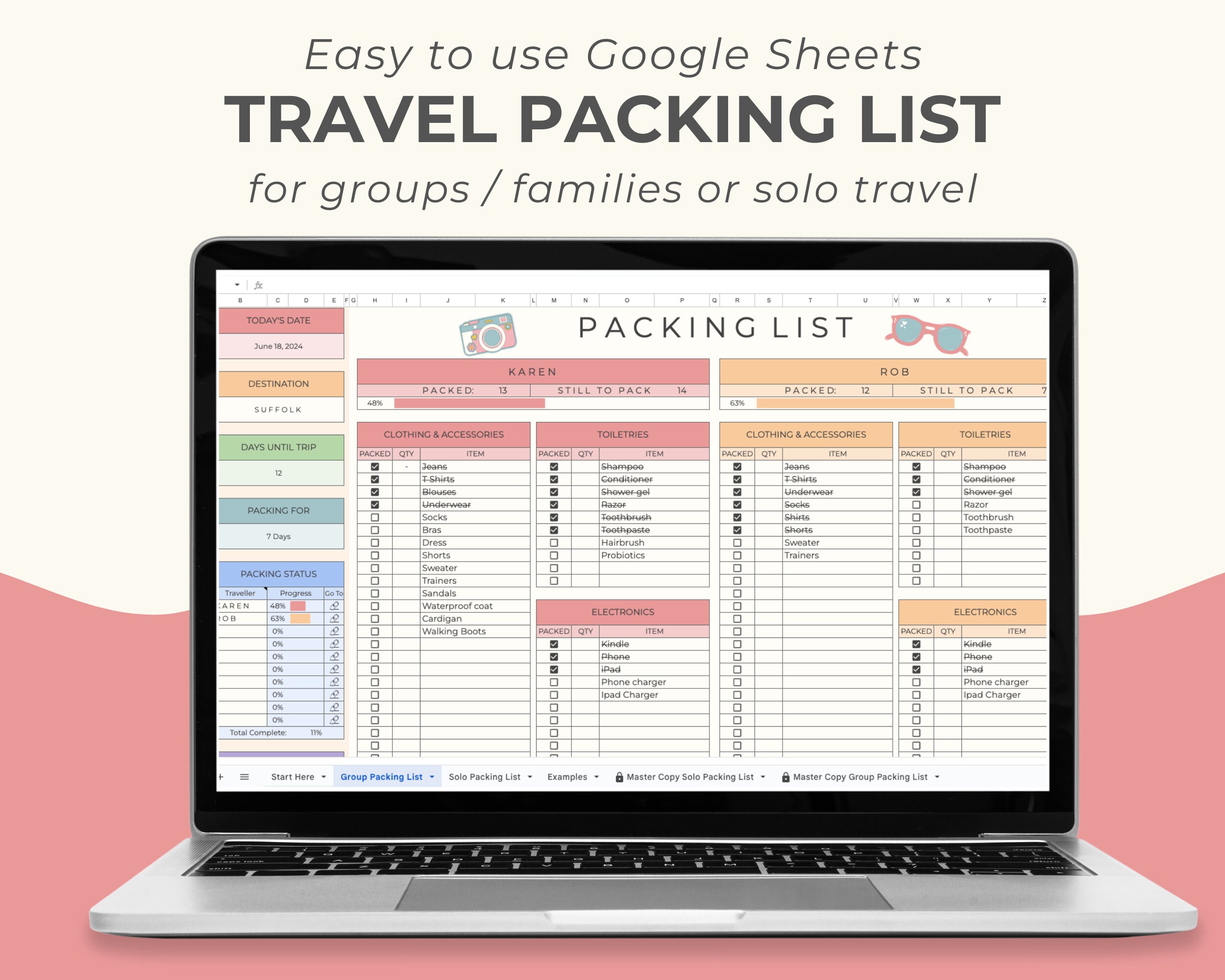 Travel Packing List for Google Sheets in Rainbow Colors. Editable ...