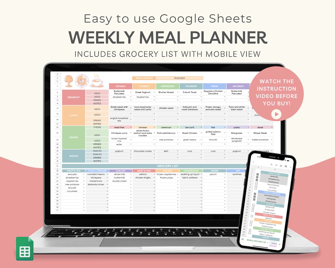 Weekly Meal Planner for Google Sheets, Meal Plan Template, Digital Meal ...