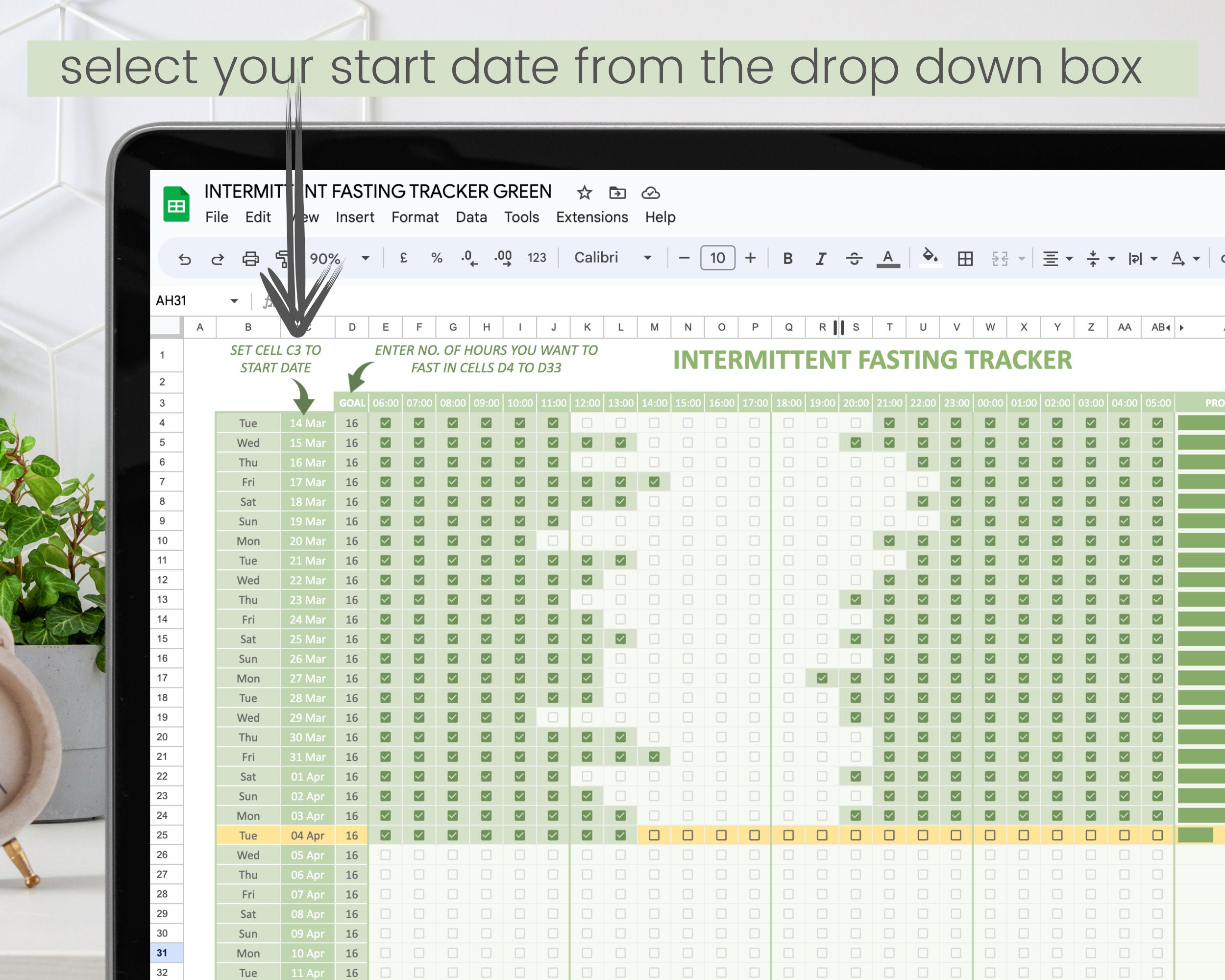 Intermittent Fasting Tracker Google Sheets Spreadsheet | Clean Green ...