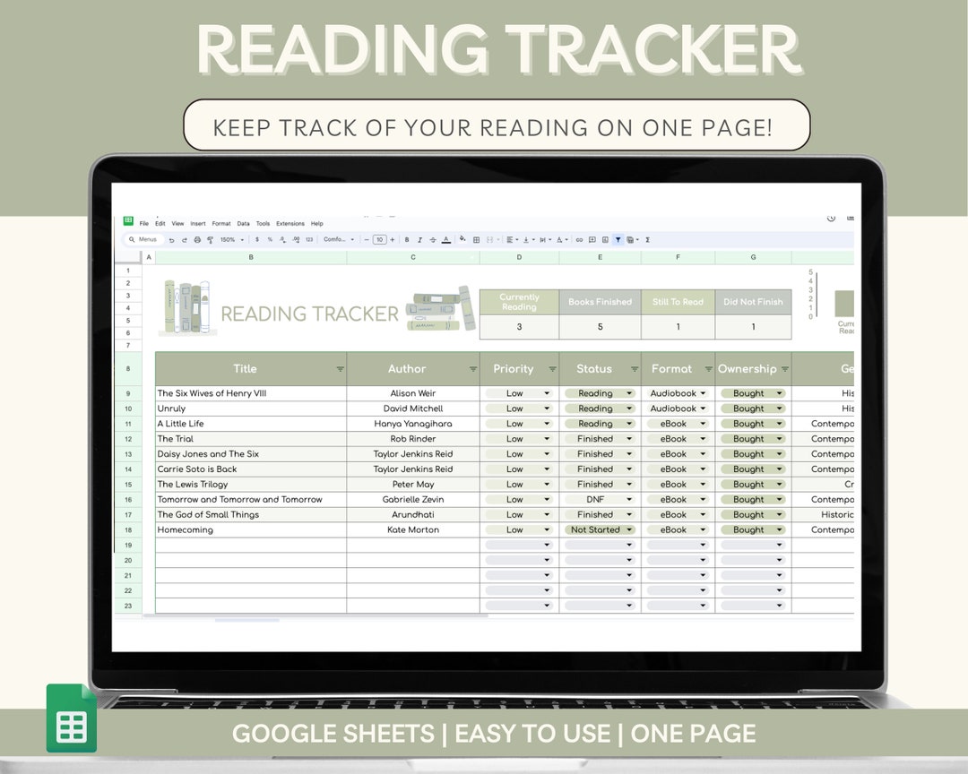 Reading Tracker Google Spreadsheet in Sage Green. Great as a Google ...
