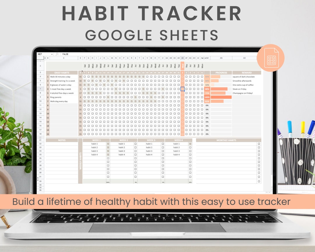 Habit Tracker Google Sheet Spreadsheet, Clean Neutral Aesthetic, Simple ...