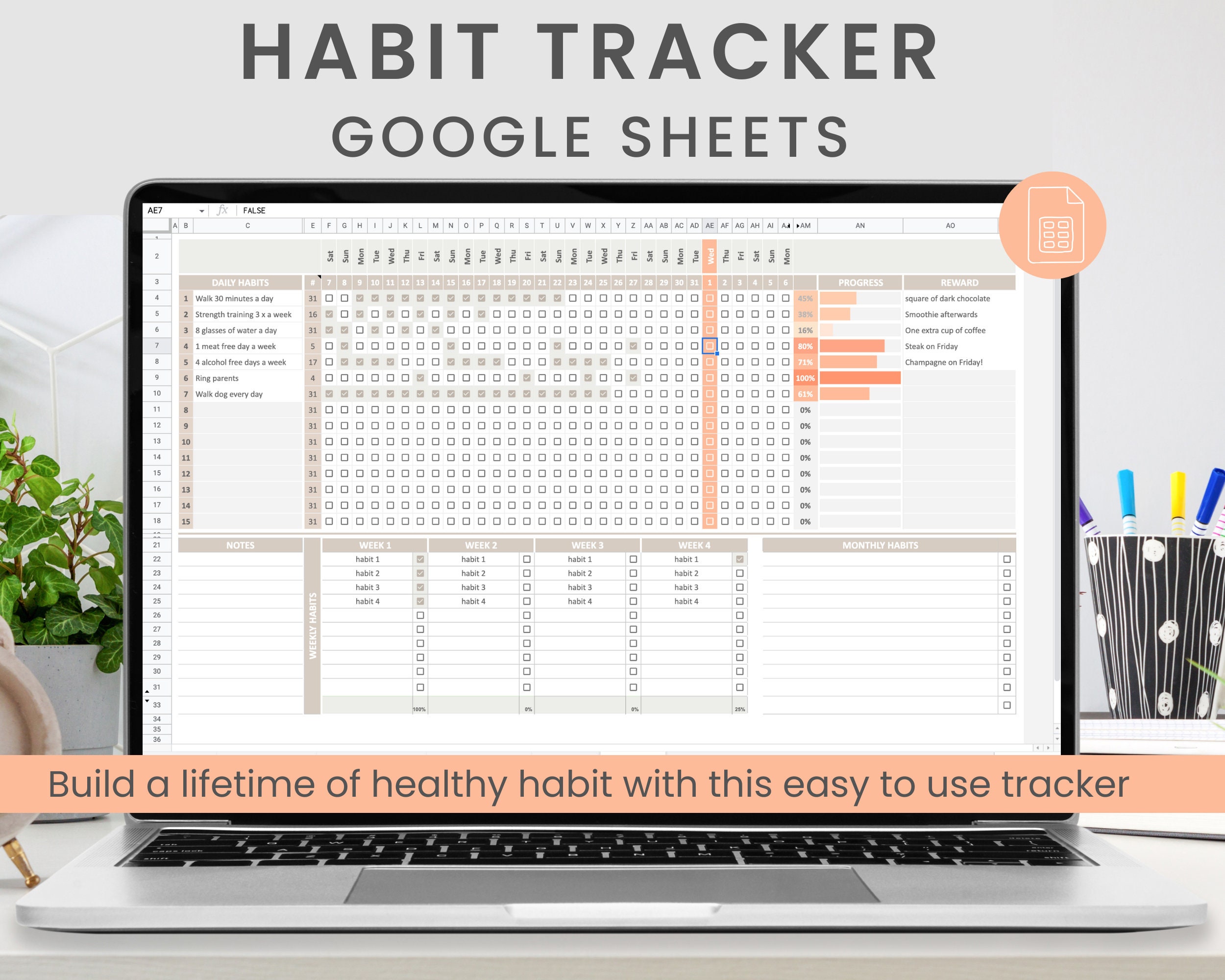 Habit Tracker Google Sheet Spreadsheet, Clean Neutral Aesthetic, Simple ...