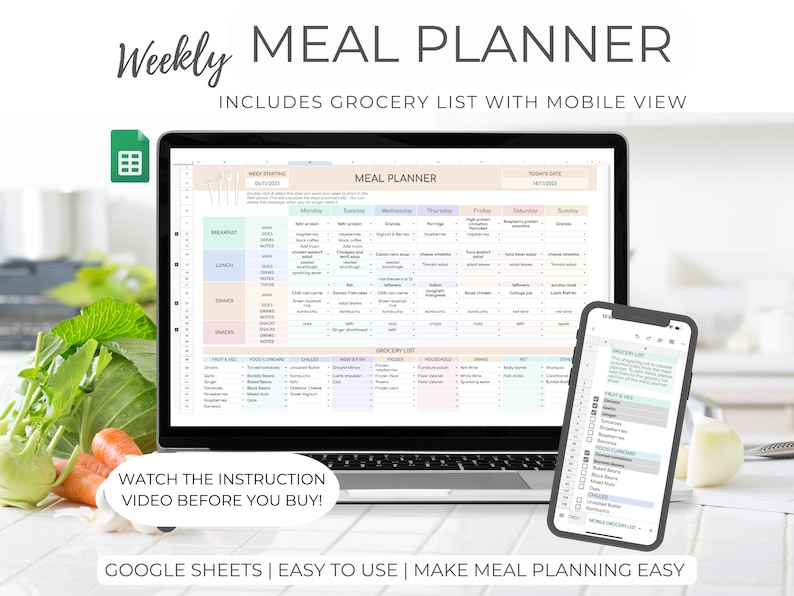 Weekly Meal Planner With Grocery List for Google Sheets (digital ...