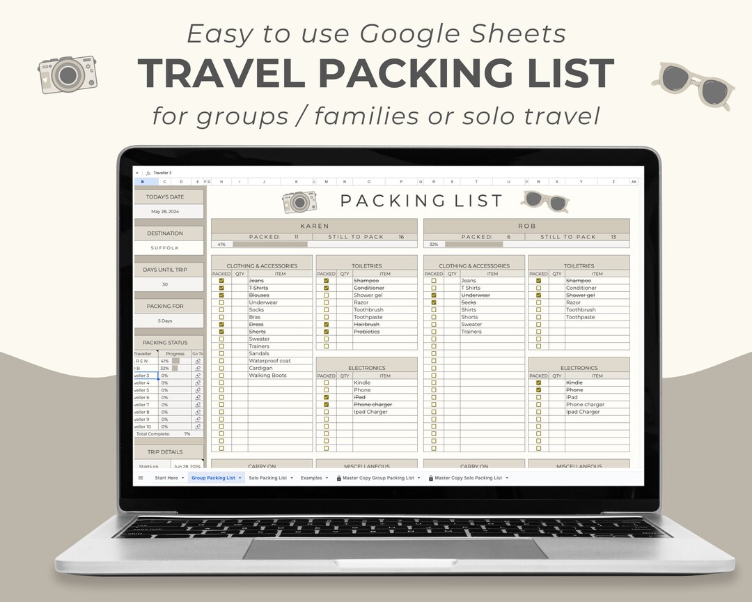 Travel Packing List for Google Sheets in a Neutral Color. Editable ...