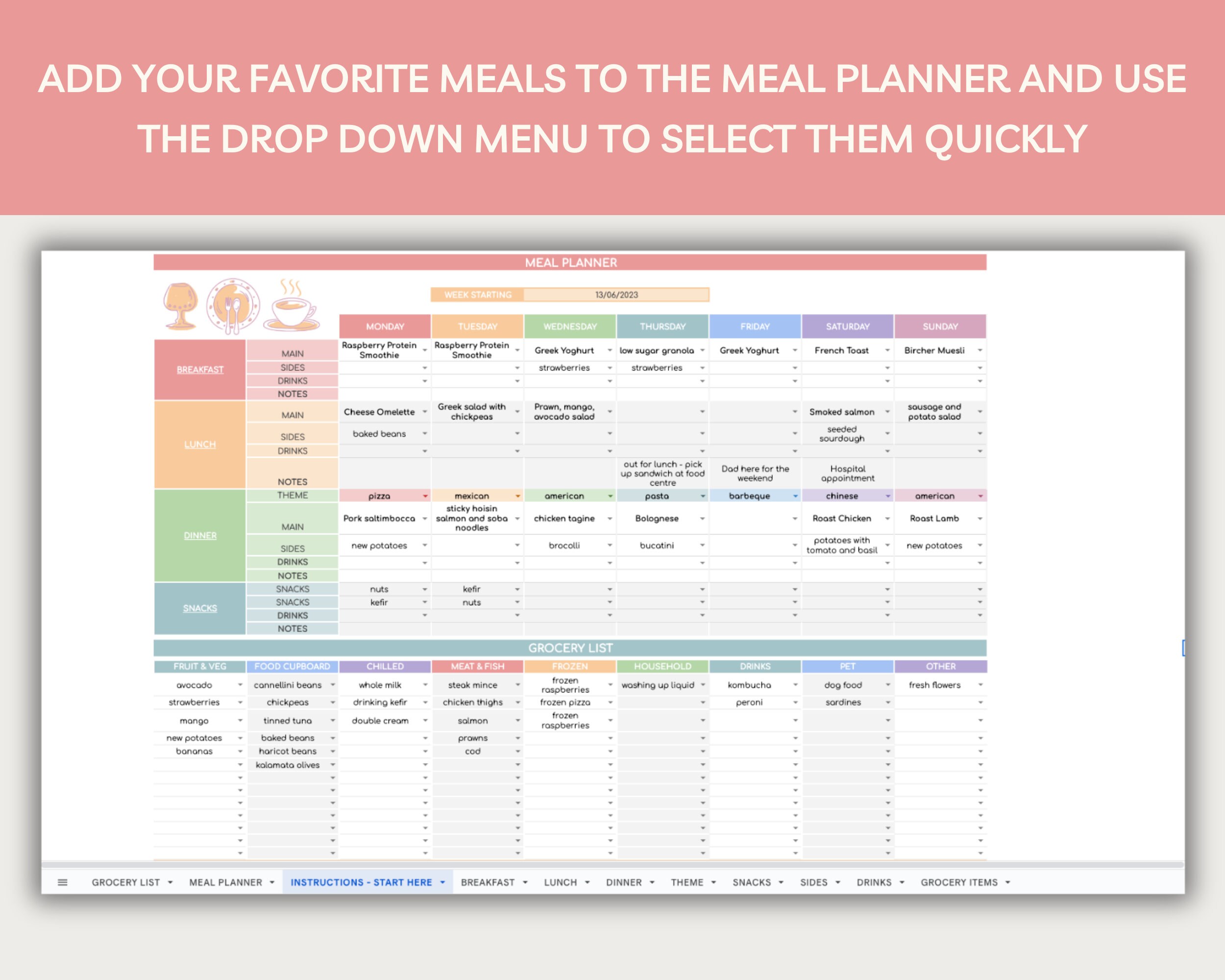 Weekly Meal Planner for Google Sheets, Meal Plan Template, Digital Meal ...