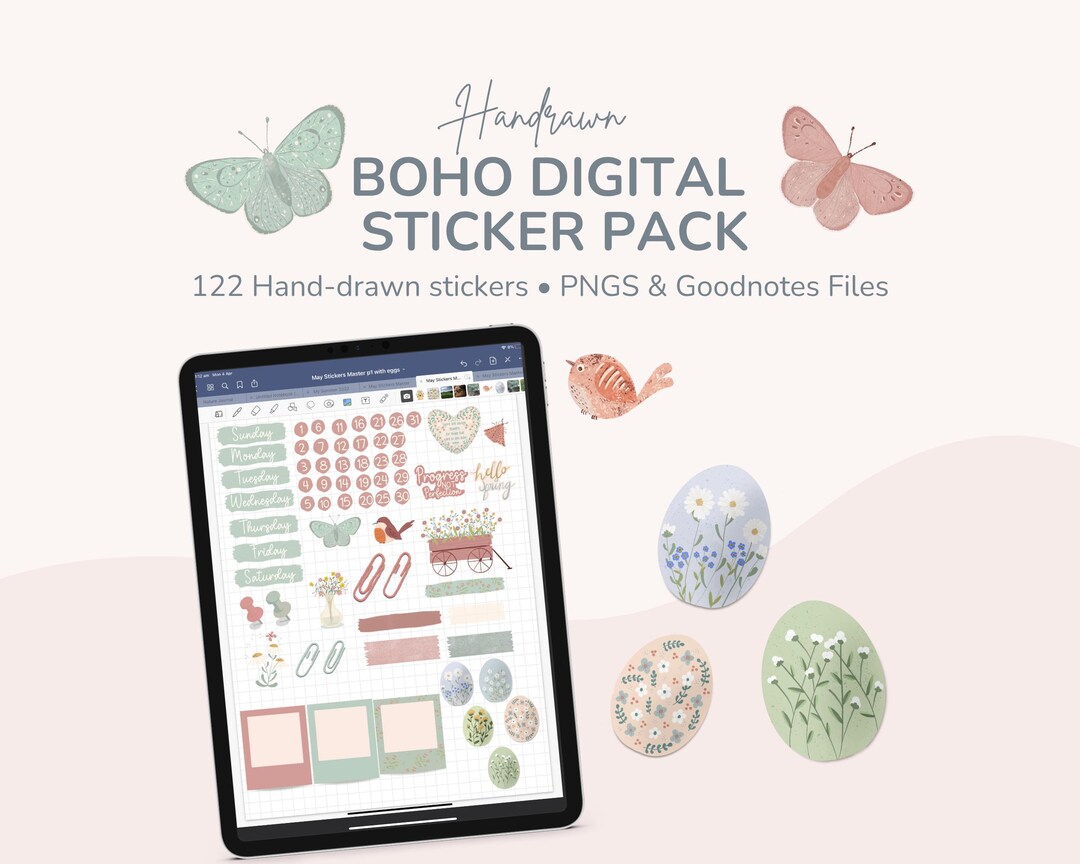 Boho Digital Stickers for Goodnotes - 122 Pngs in Soft Green & Pink ...