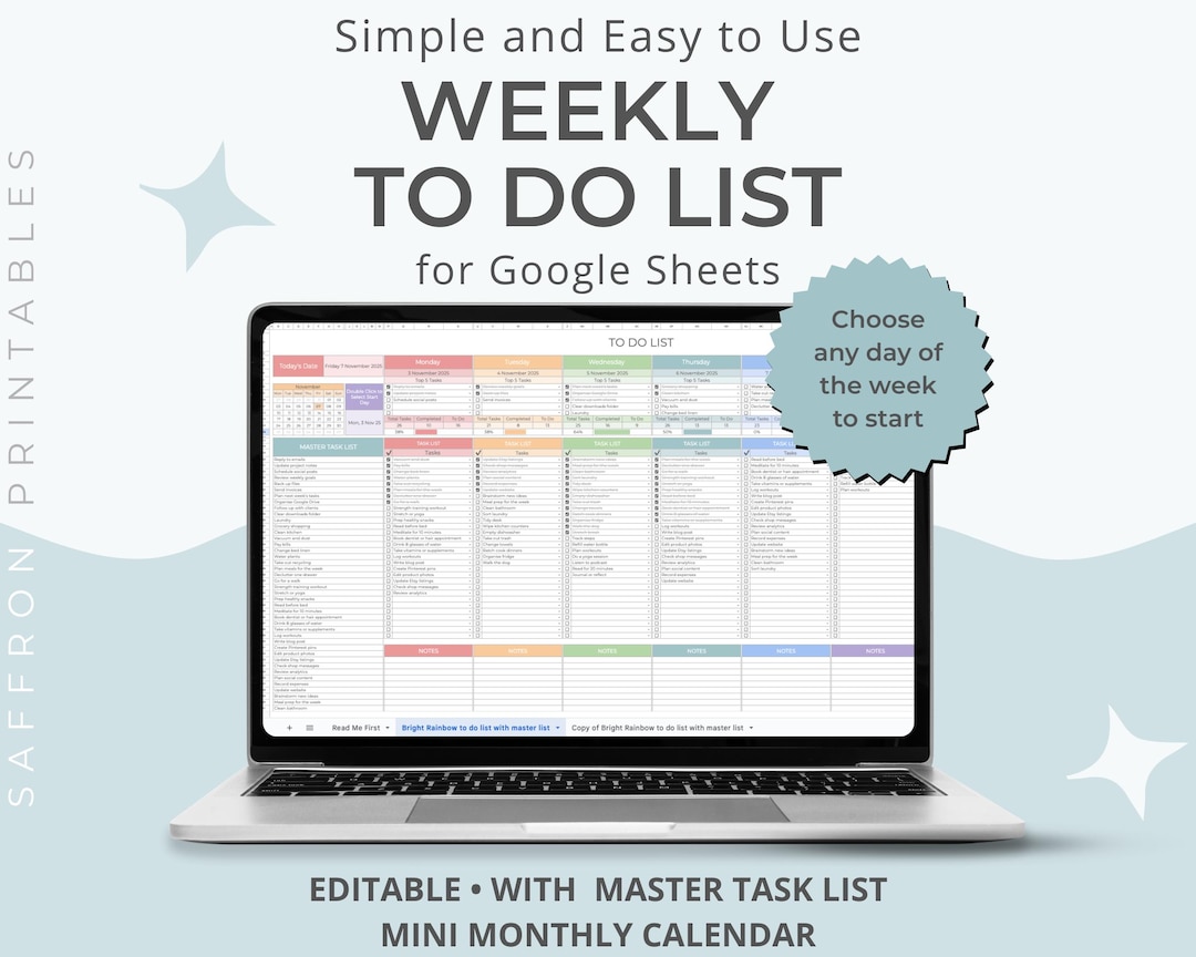 Google Sheets to Do List | Editable Weekly Planner With Master Task ...