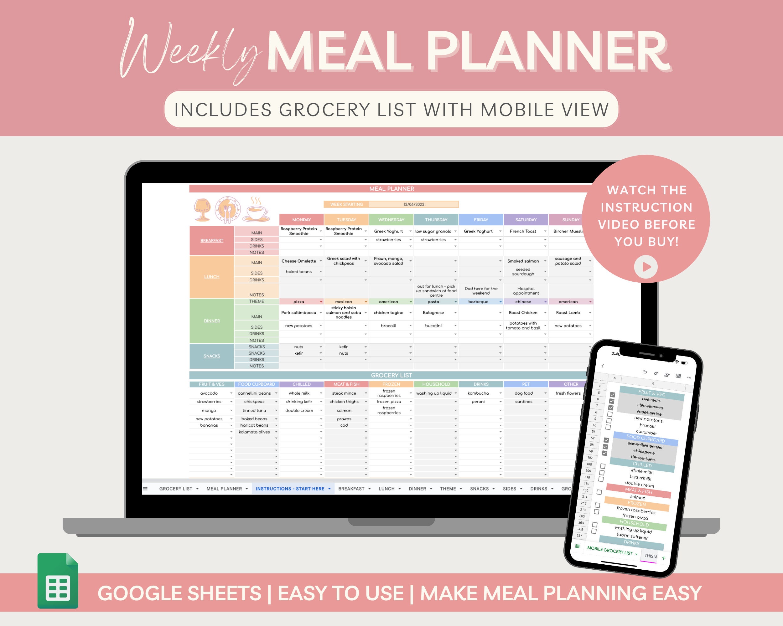 Weekly Meal Planner for Google Sheets, Meal Plan Template, Digital Meal Planner, Meal Planning ...