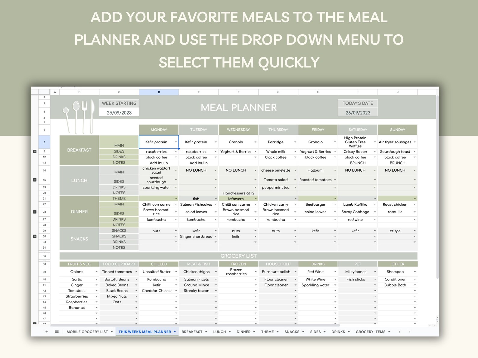 Weekly Meal Planner Google Sheets, Green Meal Plan Template, Digital ...