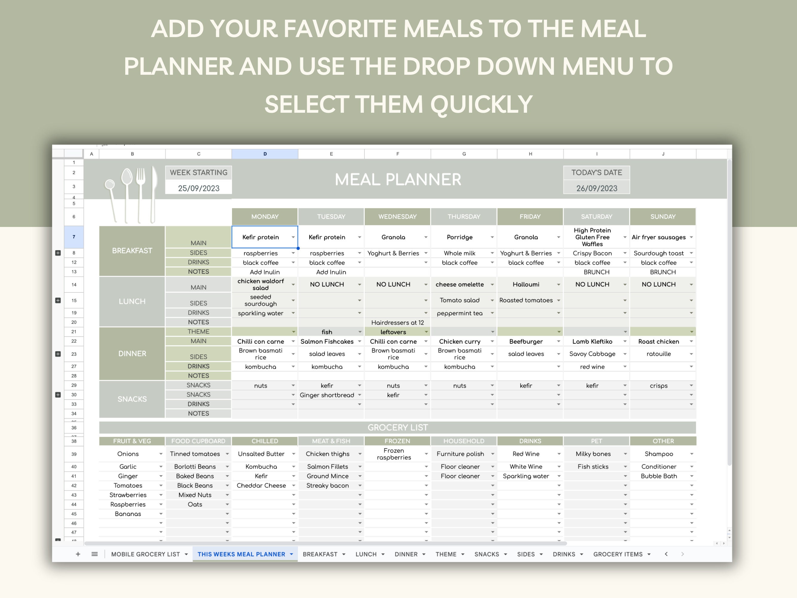 Weekly Meal Planner Google Sheets, Green Meal Plan Template, Digital ...