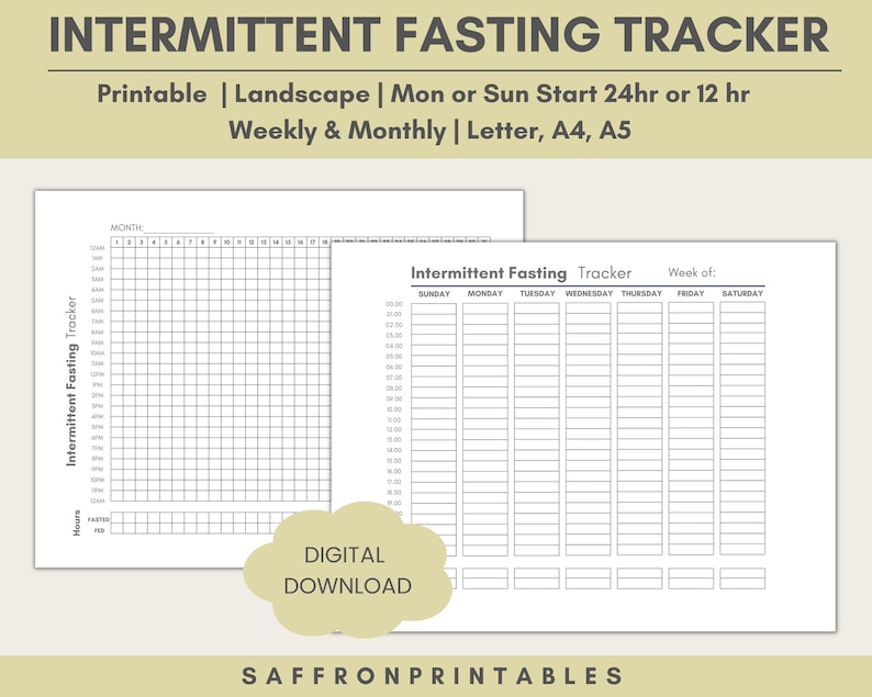 Printable Intermittent Fasting Tracker, Monthly Fasting Tracker, Weekly ...