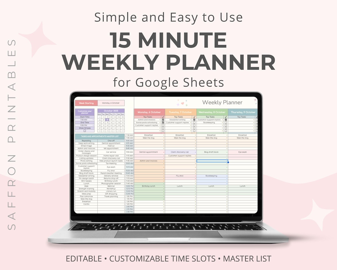 15 Minute Weekly Planner Google Sheets Template · 2026 Digital Time ...