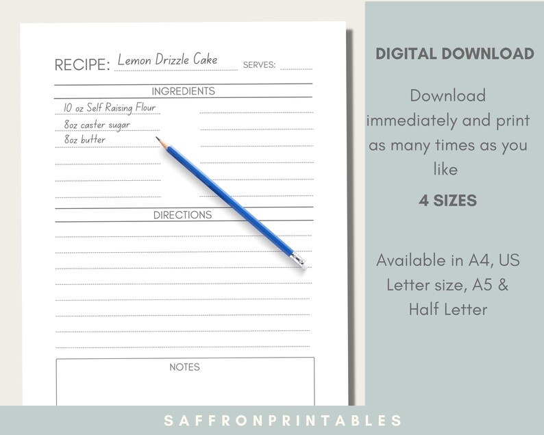 Printable Recipe Cards in Letter A4 A5 Half Letter Size. - Etsy