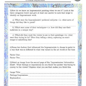 Impressionism - Art History Lesson - Fillable Printable Questions ...