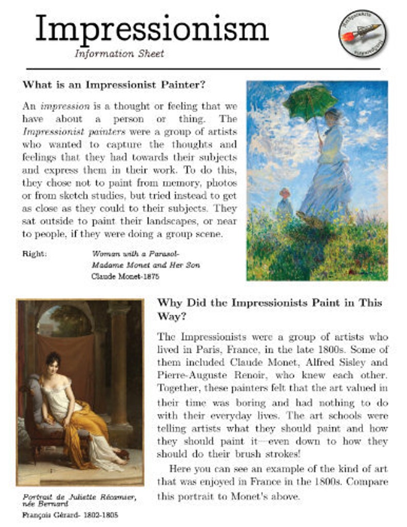 Impressionism - Art History Lesson - Fillable Printable Questions ...