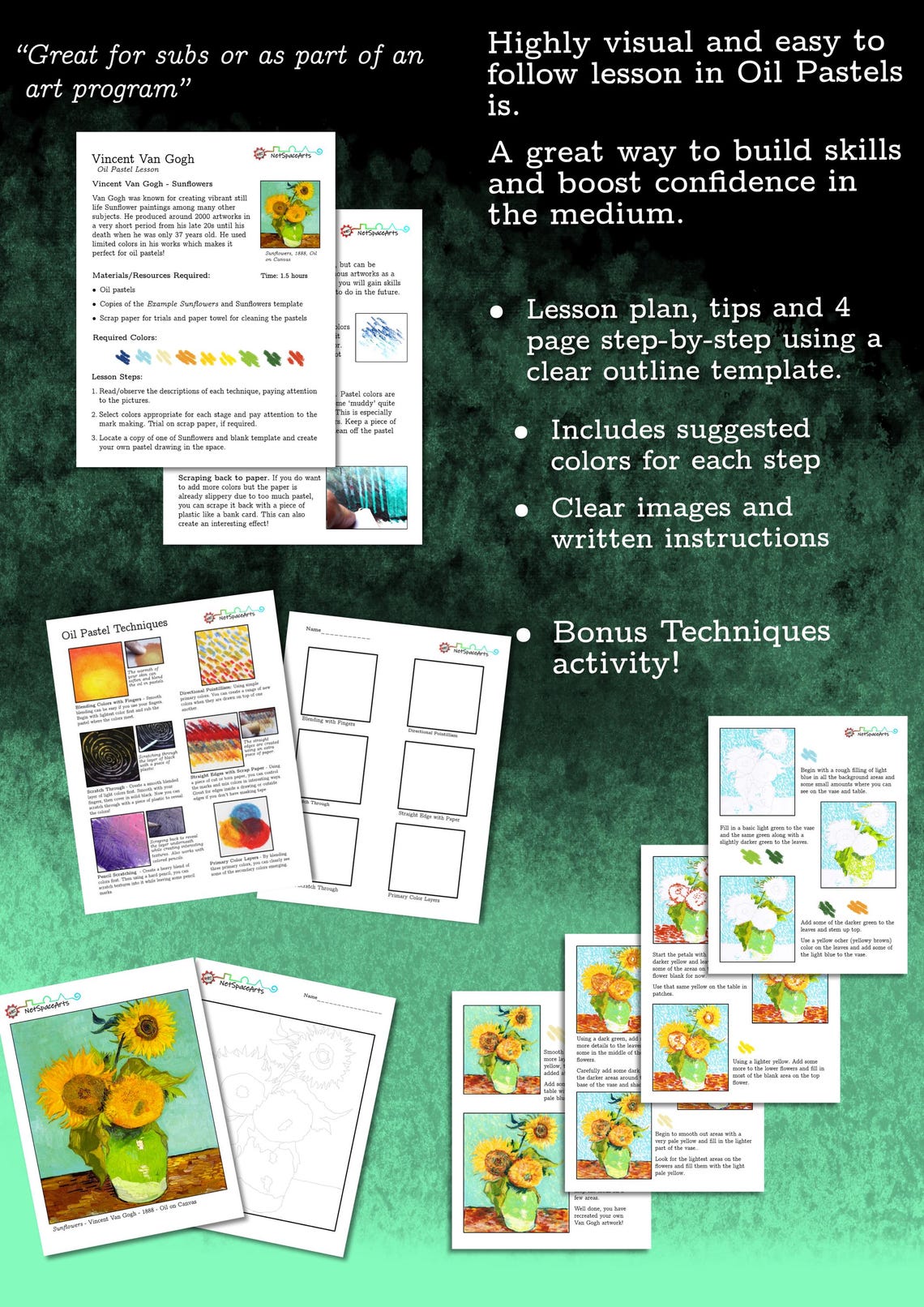 Van Gogh Sunflowers - Oil Pastel Art Lesson - Guided Step by Step With ...