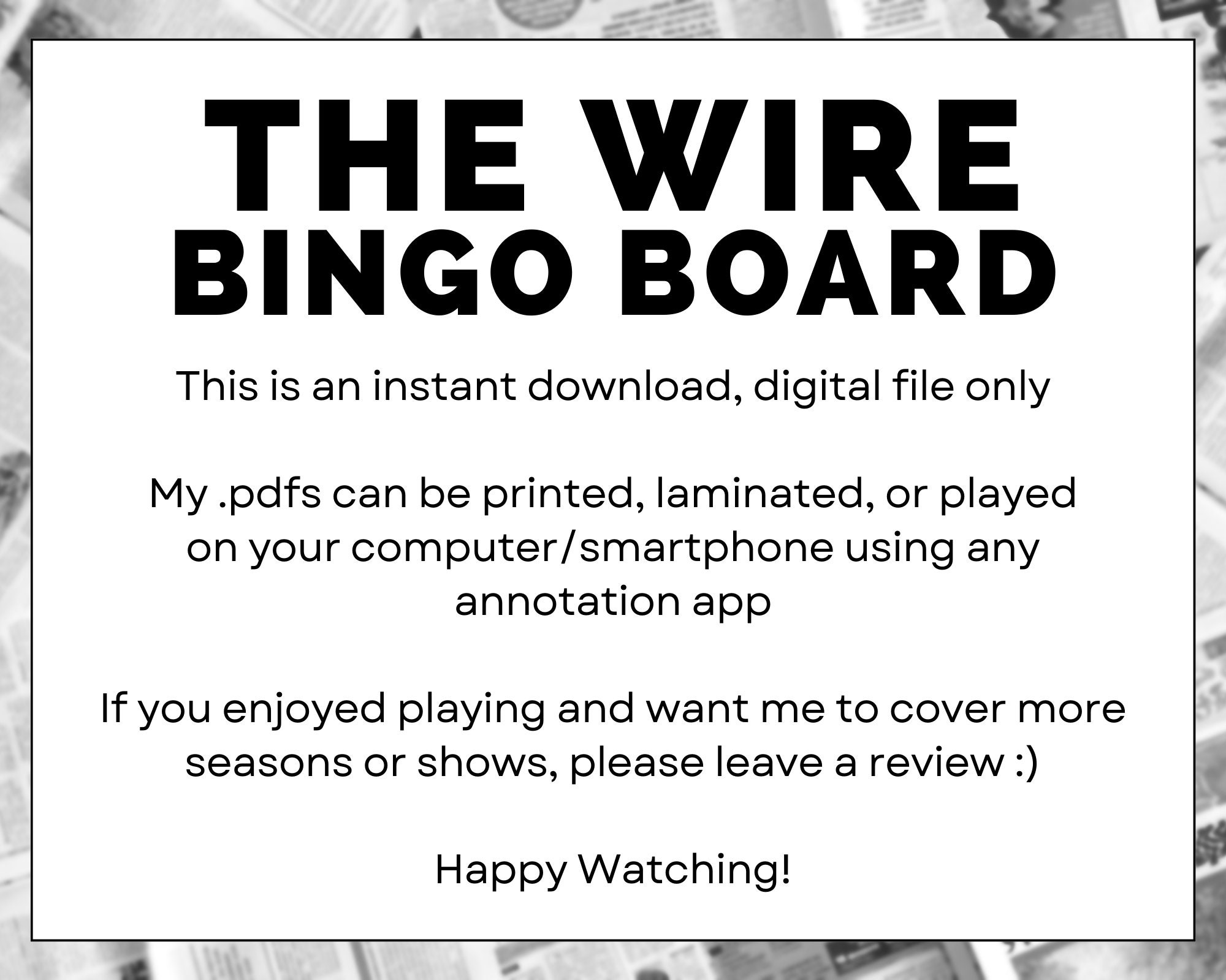 The Wire Bingo Board Printable TV Watch Party Games Omar Comin Mcnulty ...