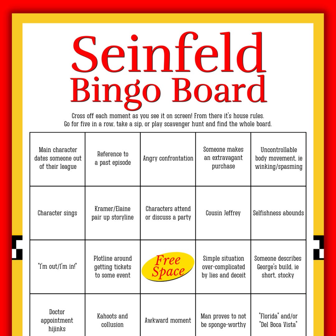 Seinfeld Bingo Board | Printable Drinking Game | Seinfeld Game for Fans ...