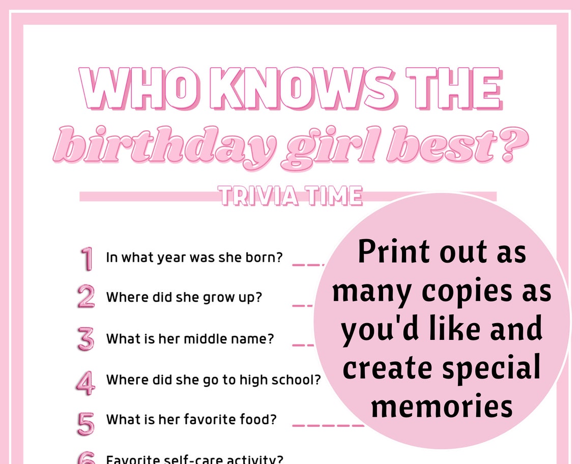 Birthday Girl Trivia Game Birthday Party Printable Activities Pink ...