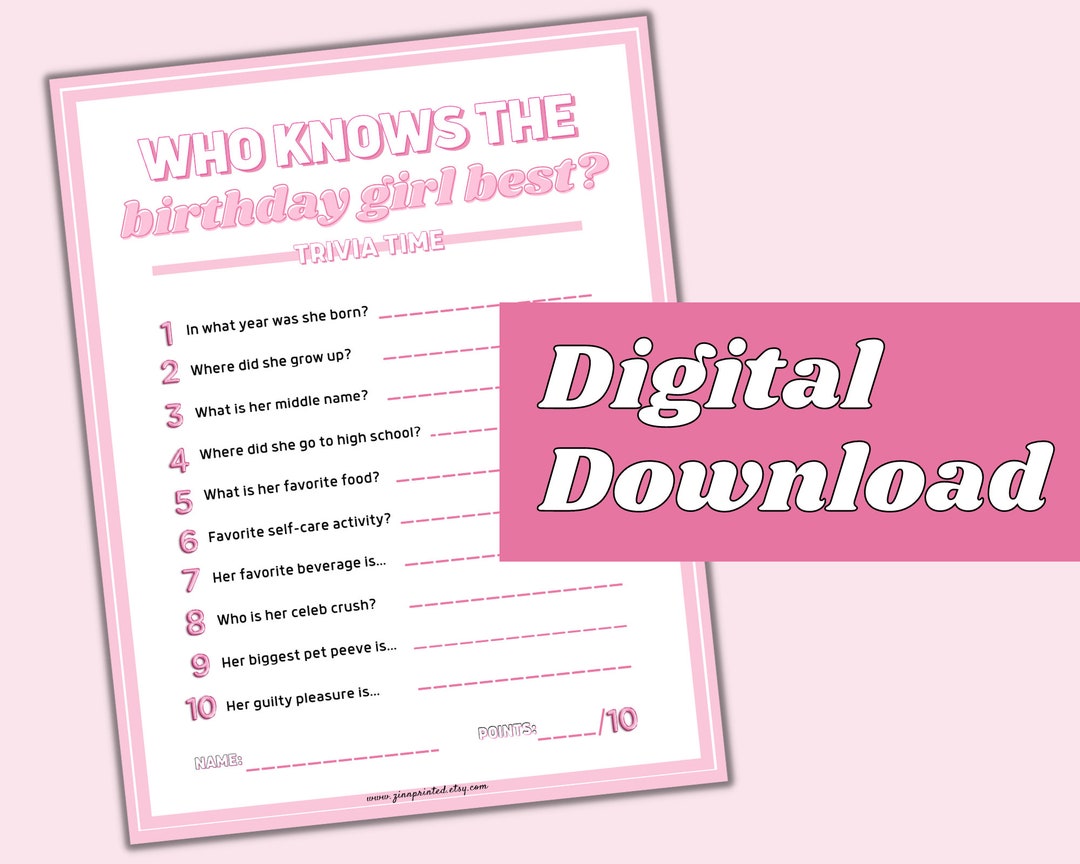 Birthday Girl Trivia Game Birthday Party Printable Activities Pink ...
