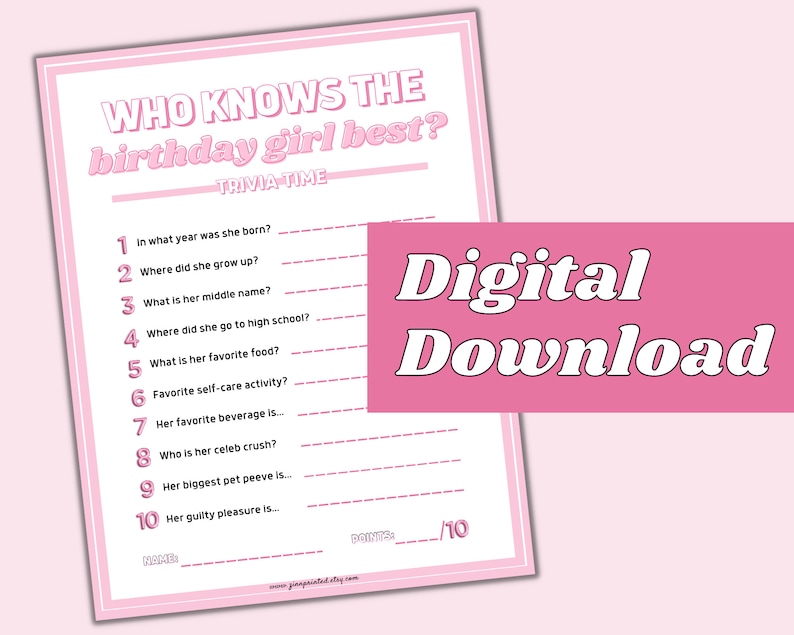 Birthday Girl Trivia Game Birthday Party Printable Activities Pink ...