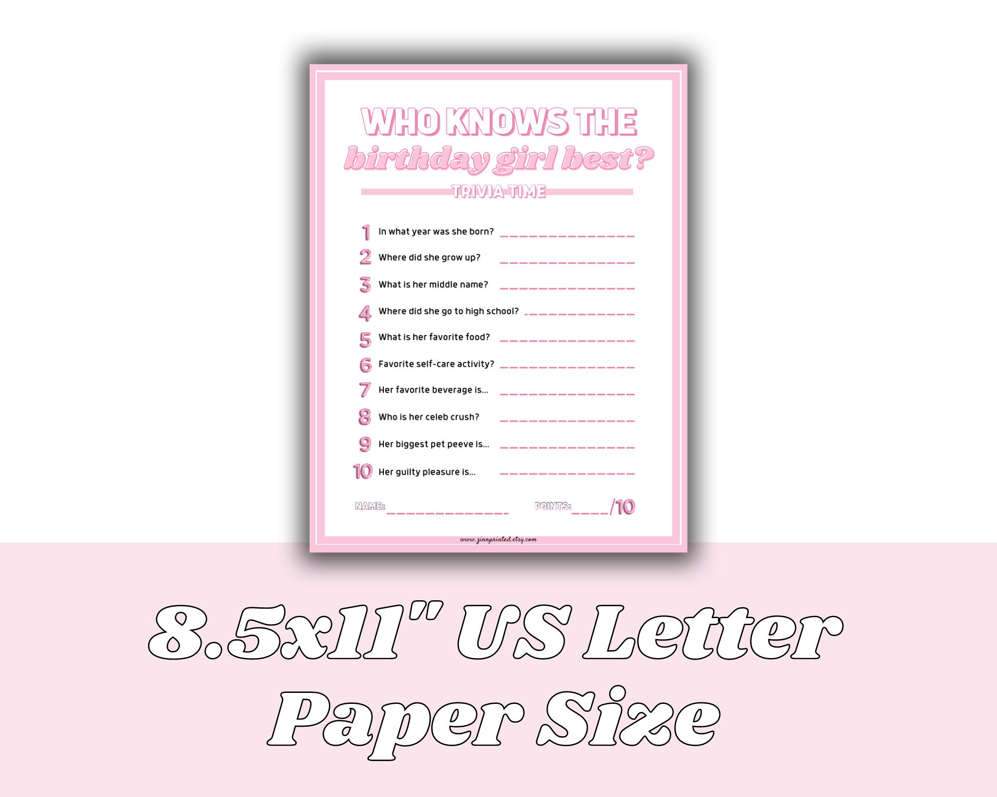 Birthday Girl Trivia Game Birthday Party Printable Activities Pink ...