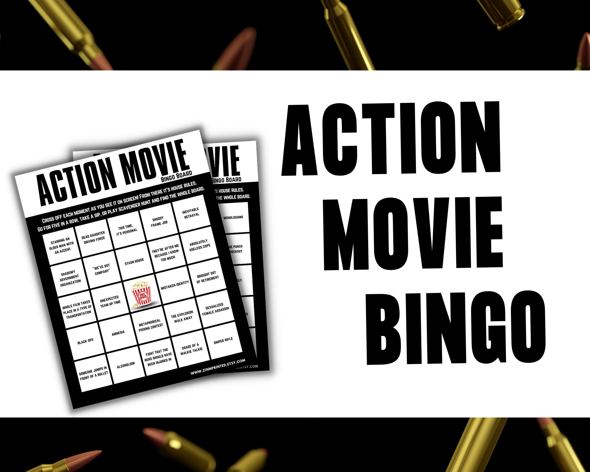 Action Movie Bingo Printable Movie Drinking Game Movie Night Games - Etsy