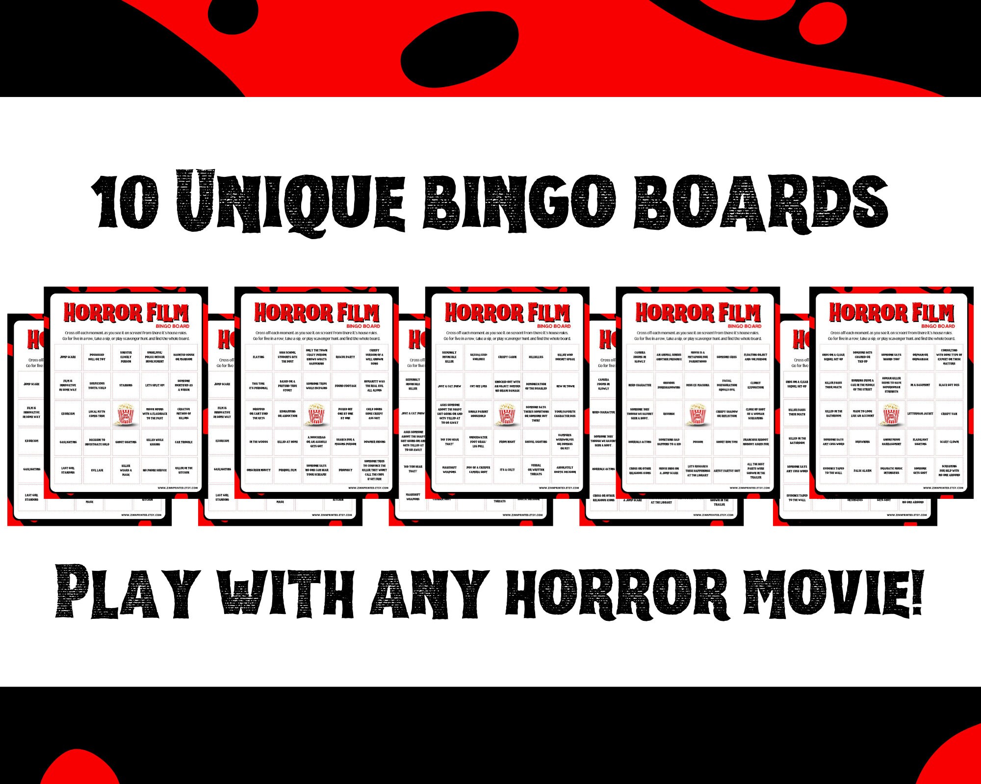 Horror Movie Bingo Board Printable Horror Movie Drinking Game Watch and ...