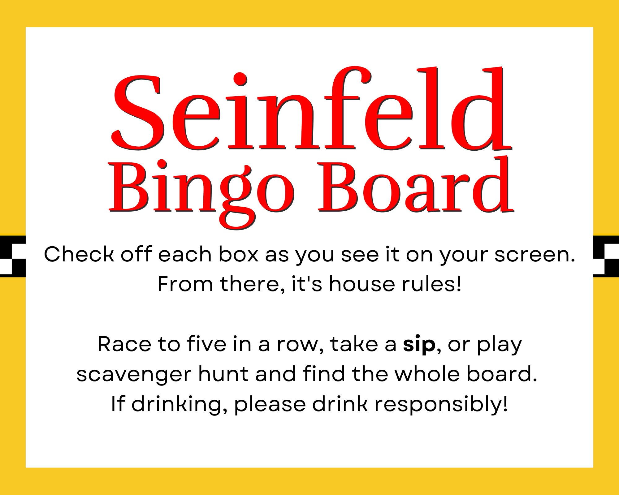 Seinfeld Bingo Board Printable Drinking Game Seinfeld Game - Etsy