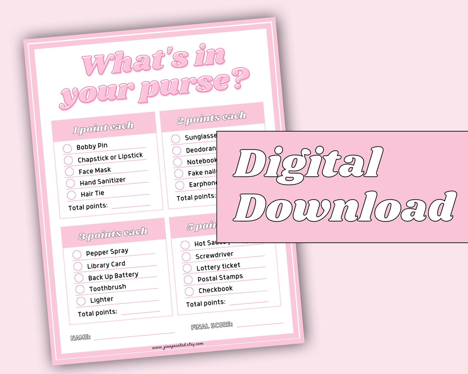 What's in Your Purse Party Game | Birthday Party Printable Activities ...