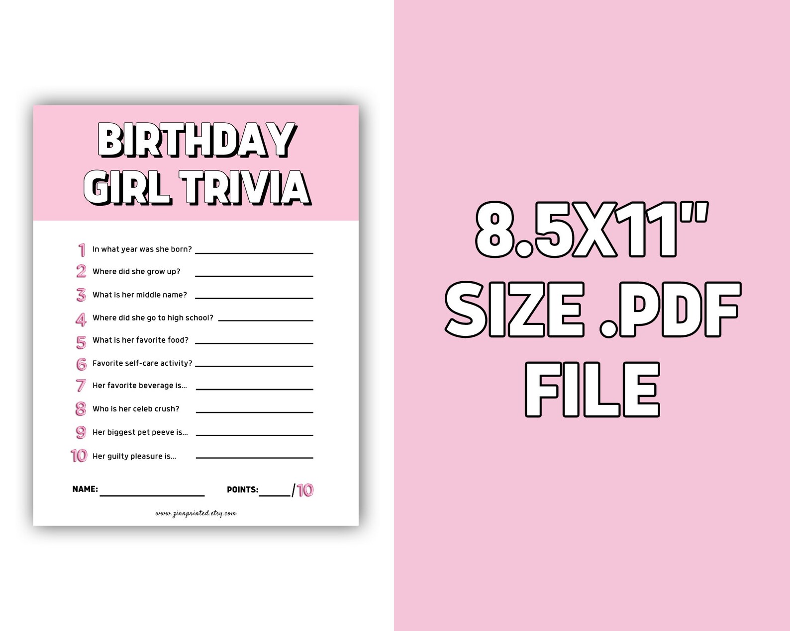 Birthday Girl Trivia Game: Printable Party Activity (digital Download ...