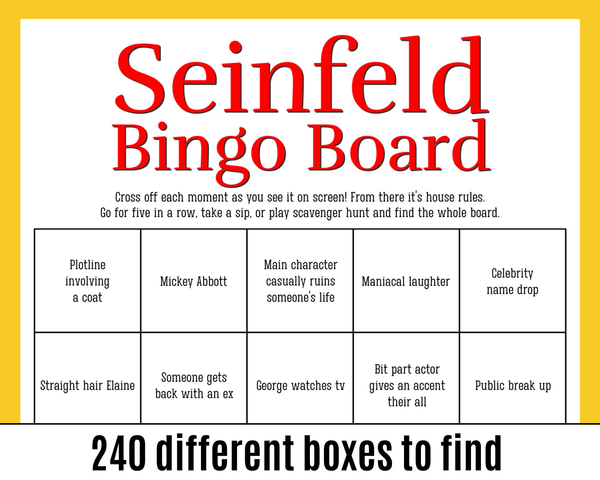 Seinfeld Bingo Board Printable Drinking Game Seinfeld Game - Etsy