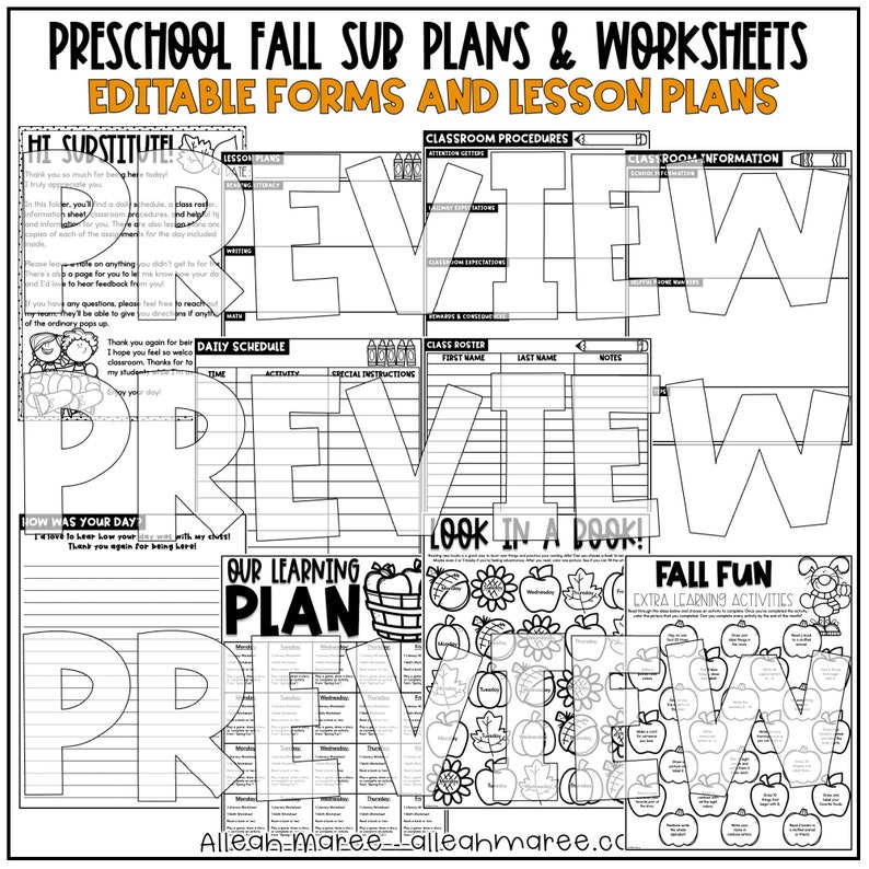 Preschool Sub Plans - EDITABLE Fall Worksheets & Lesson Plans - Etsy
