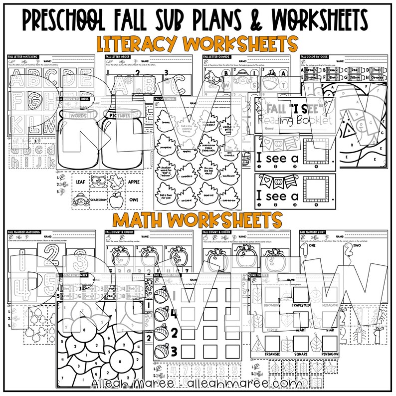 Preschool Sub Plans - EDITABLE Fall Worksheets & Lesson Plans - Etsy