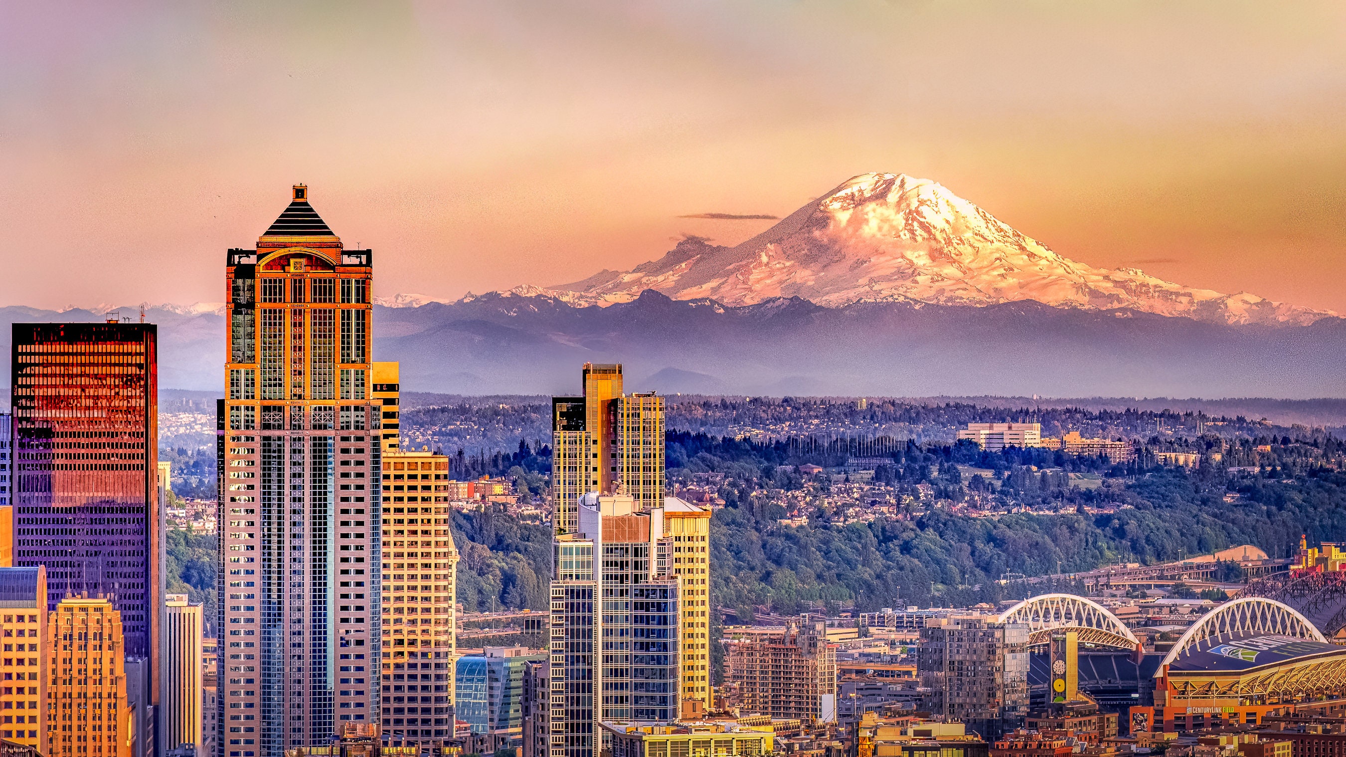 Seattle Skyline Sunset With Mount Rainier and Centurylink Stadium in ...
