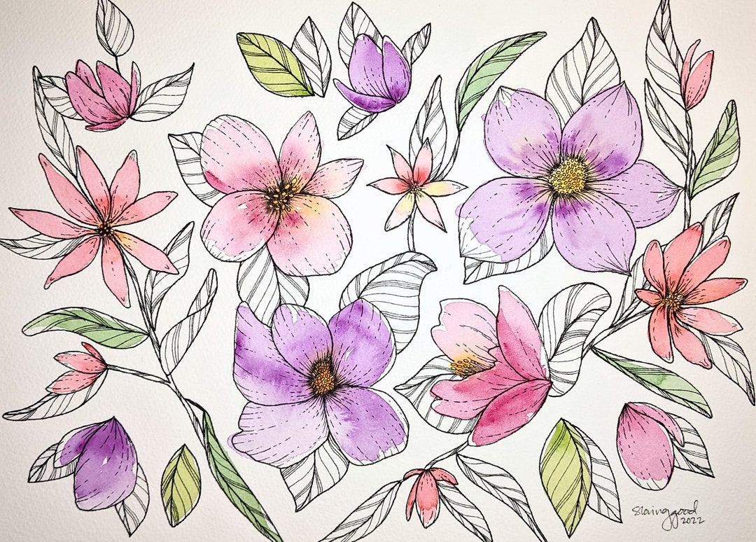 Watercolor and Ink Flowers - Etsy