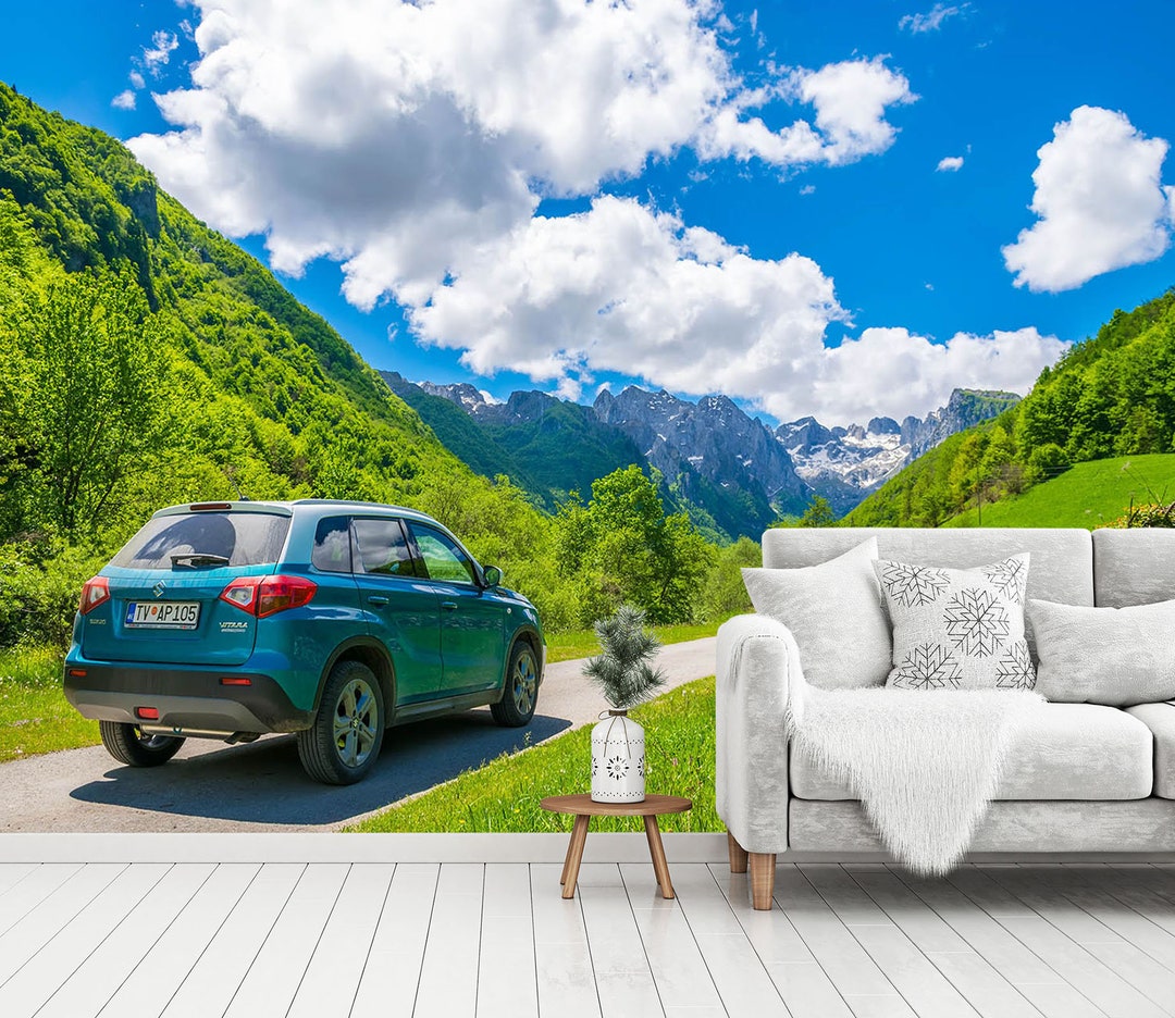 3D Blue Super Car in Nature Transport L1104 Removable Wallpaper Self ...