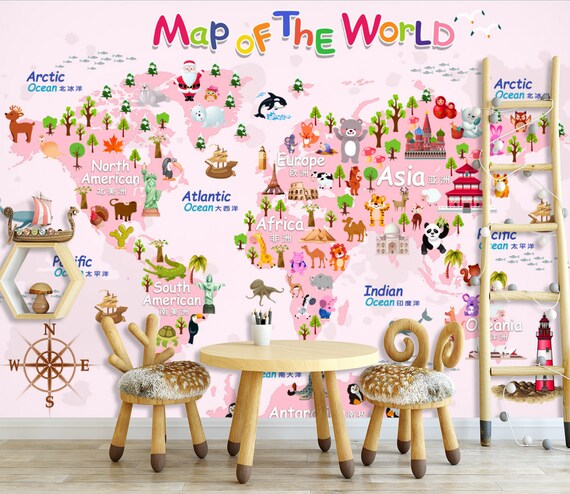 3D Cartoon Pink World Map Kid's Room L2431 Commercial | Etsy