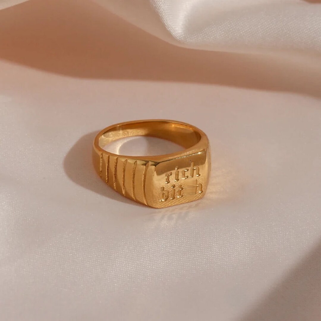 Vintage Gold Plated Stainless Steel Ring Tarnish Free Ring RICH Letter ...